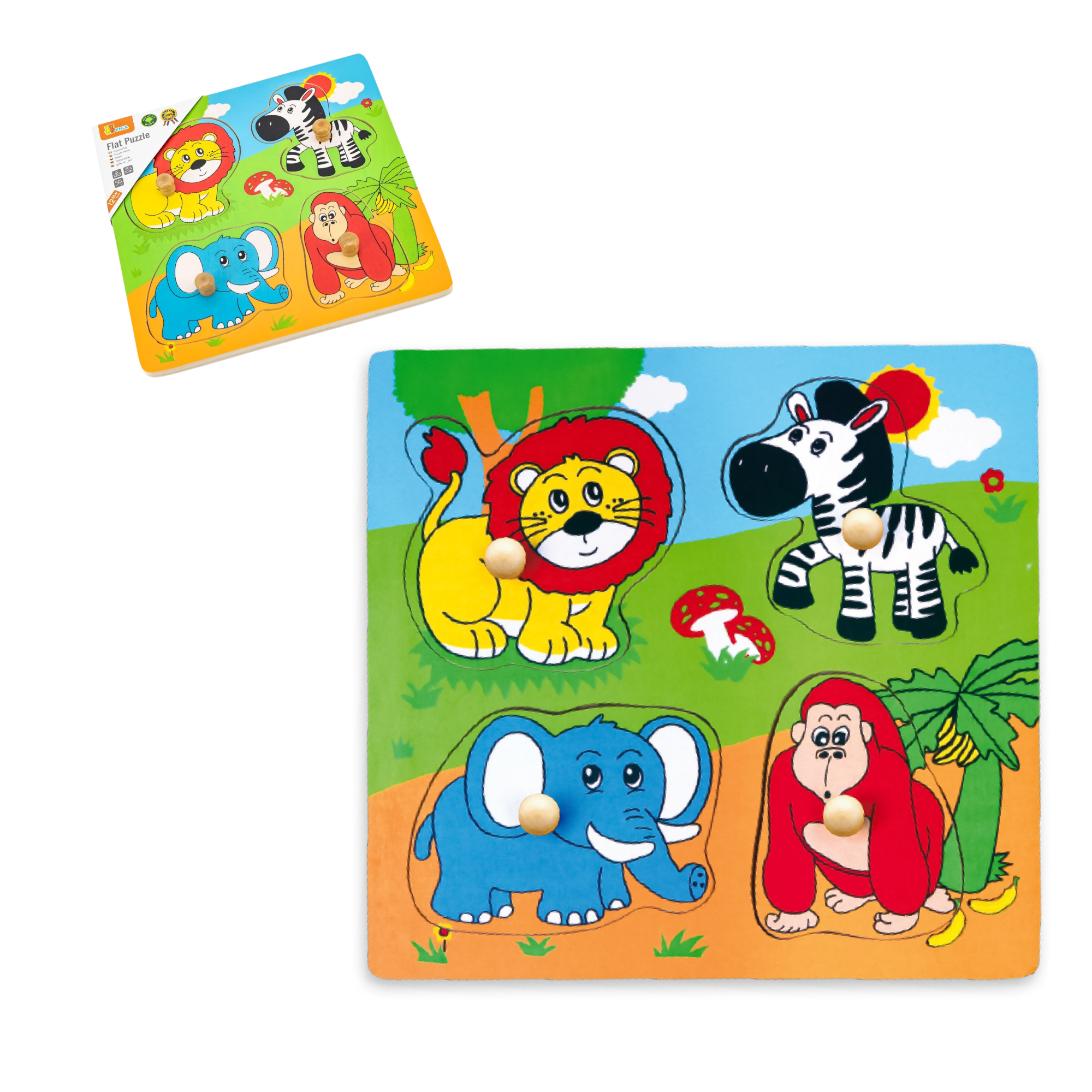 Viga Wild Animals, 4 Piece Knob Puzzle, Montessori Wooden Toy, Develop ...