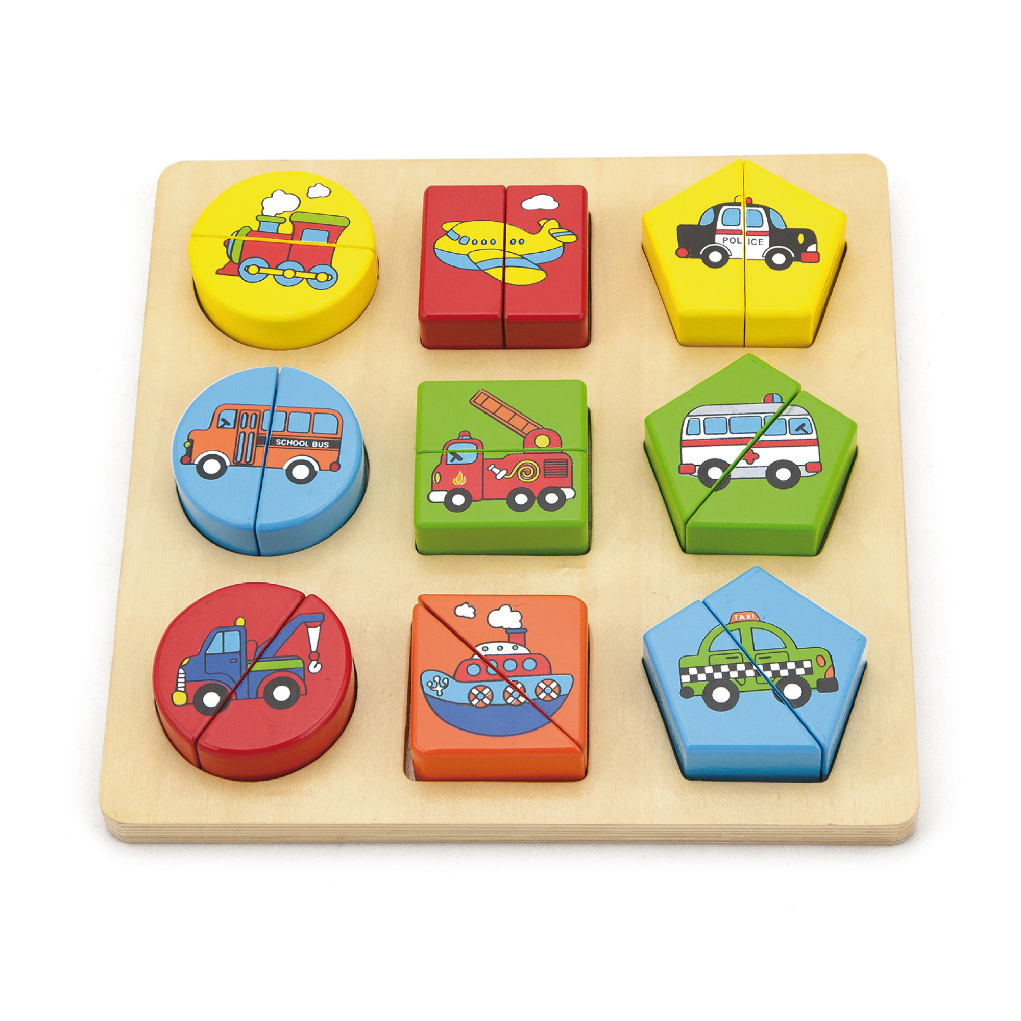 Viga Vehicles & Shapes, 18 Piece Block Puzzle, Montessori Wooden Toy ...